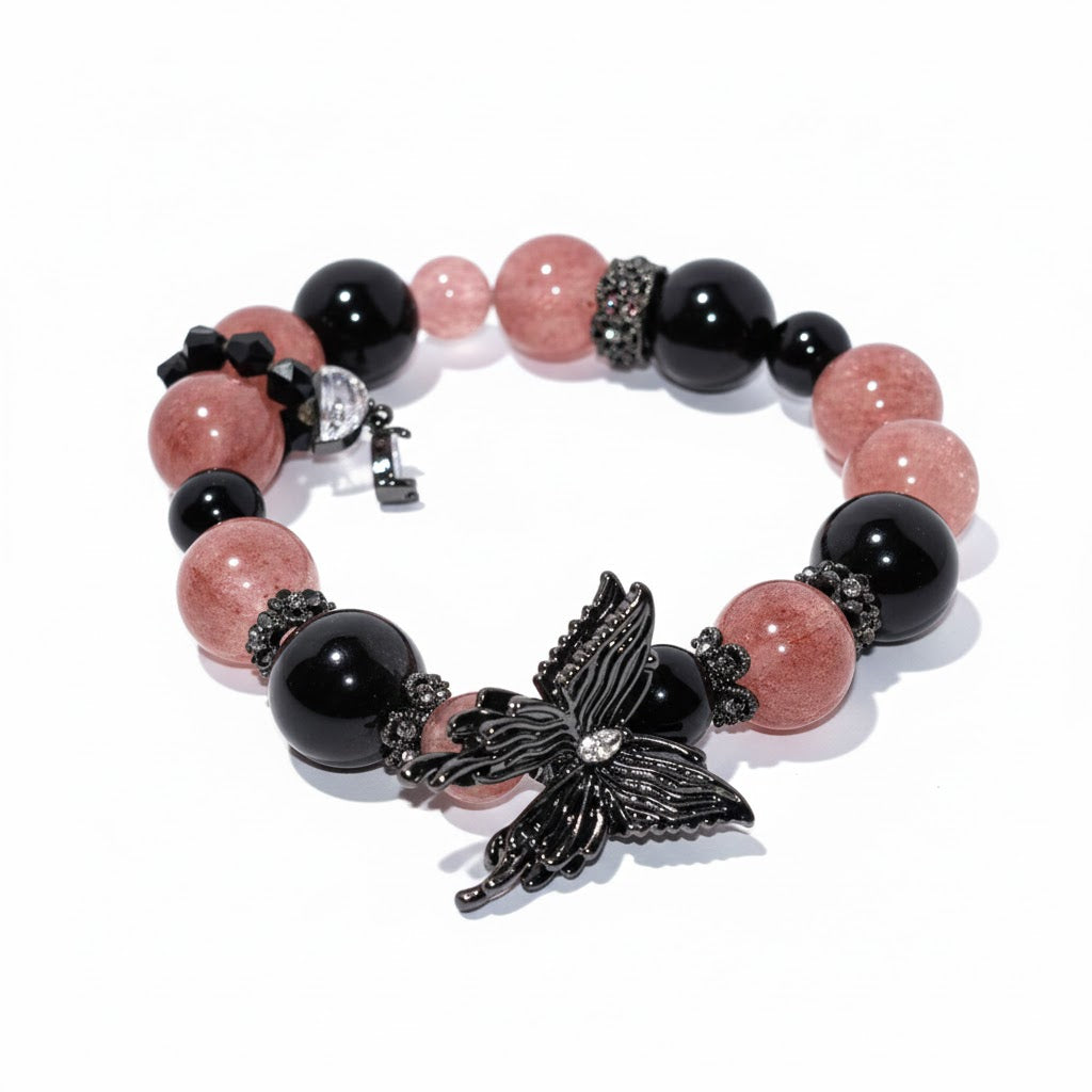 Strawberry Quartz & Silver Obsidian Crystal Black Butterfly Bracelet ...