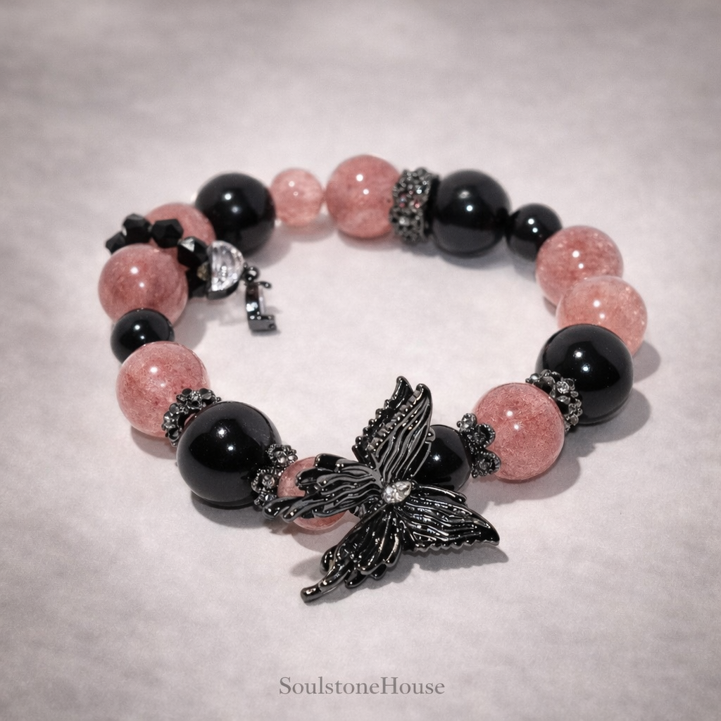 Strawberry Quartz & Silver Obsidian Crystal Black Butterfly Bracelet ...